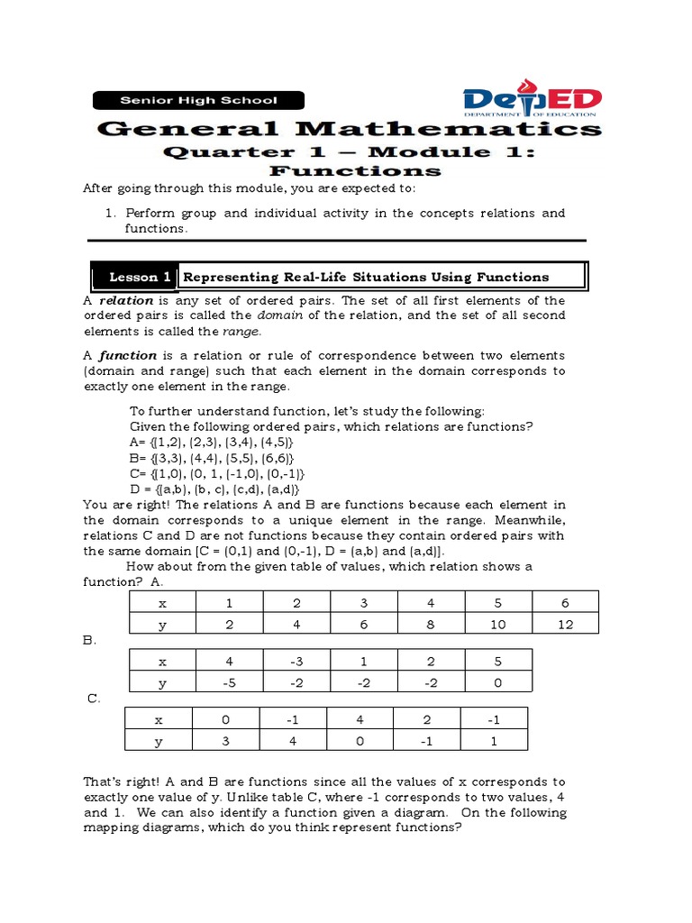 Lesson 1: Representing Real-Life Situations Using Functions | PDF ...