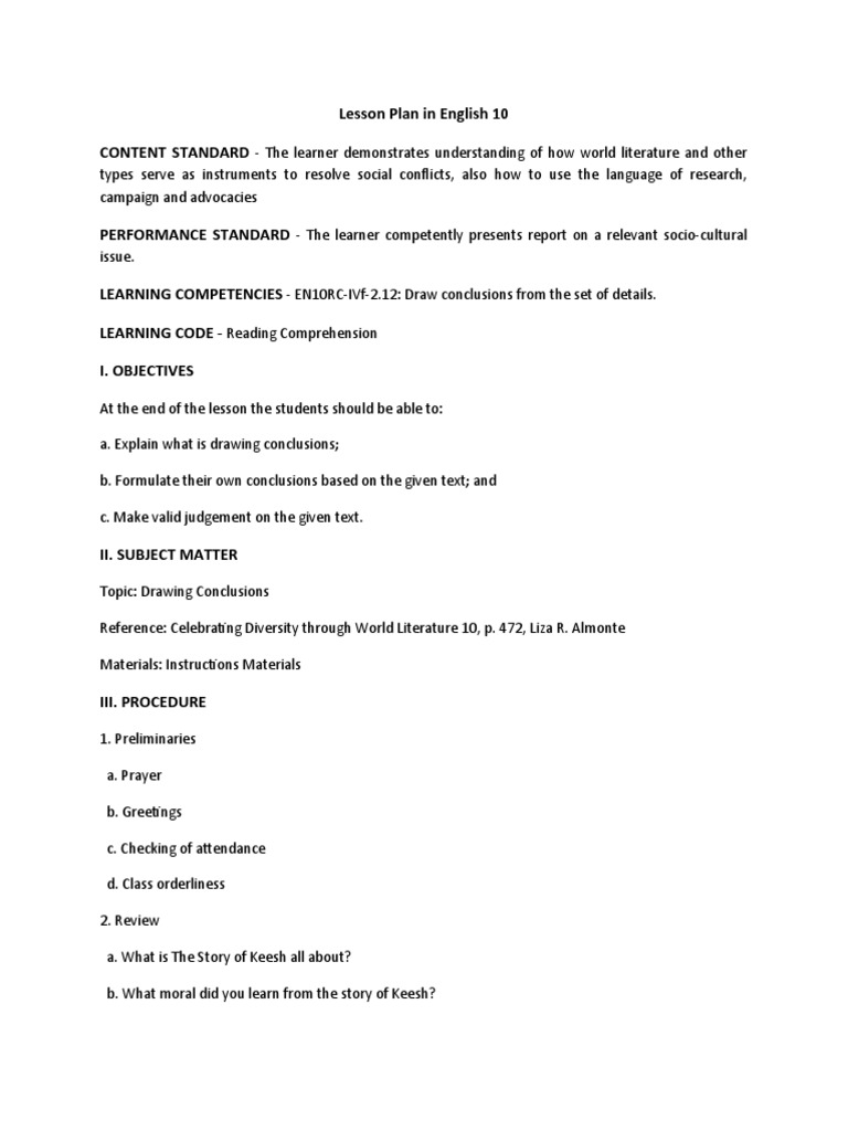 Final Lesson Plan in English 10 | PDF | Lesson Plan | Reading Comprehension