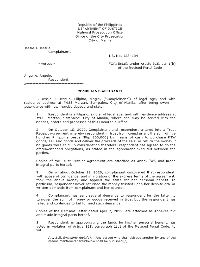 MyLegalWhiz - Complaint Affidavit For Estafa by Means of Unfaithfulness ...