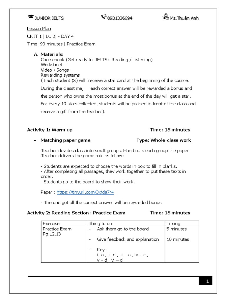 Lesson Plan Day 4 - Junior IELTS | PDF | Test (Assessment) | Behavior ...
