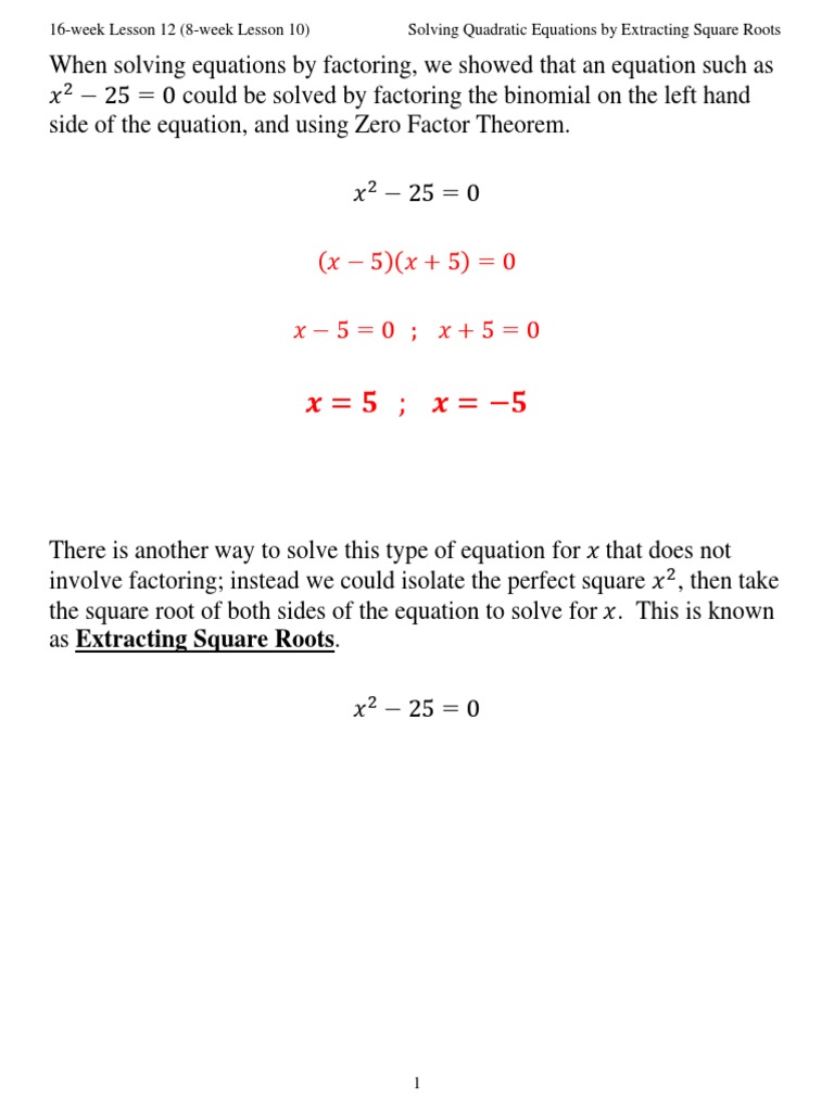 Solving Quadratic Equations by Extracting Square Roots | PDF ...