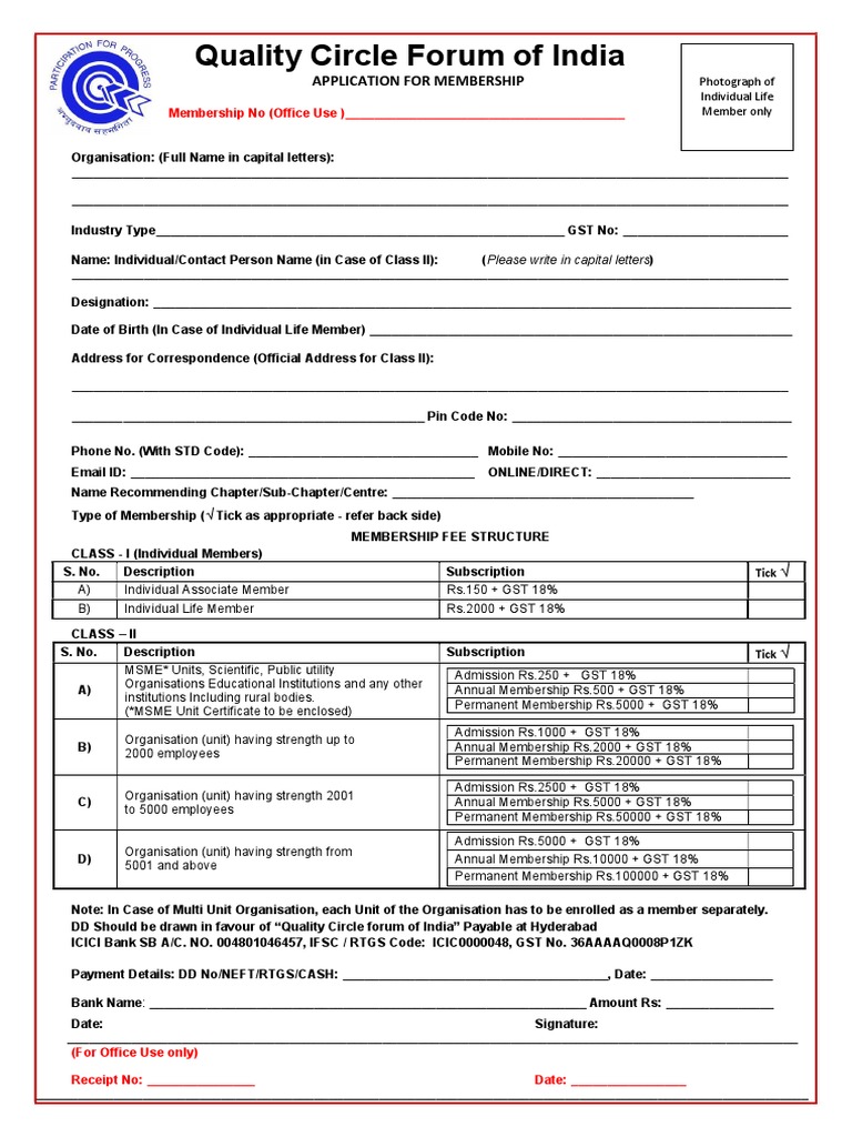 Quality Circle Forum of India: Application For Membership | PDF ...