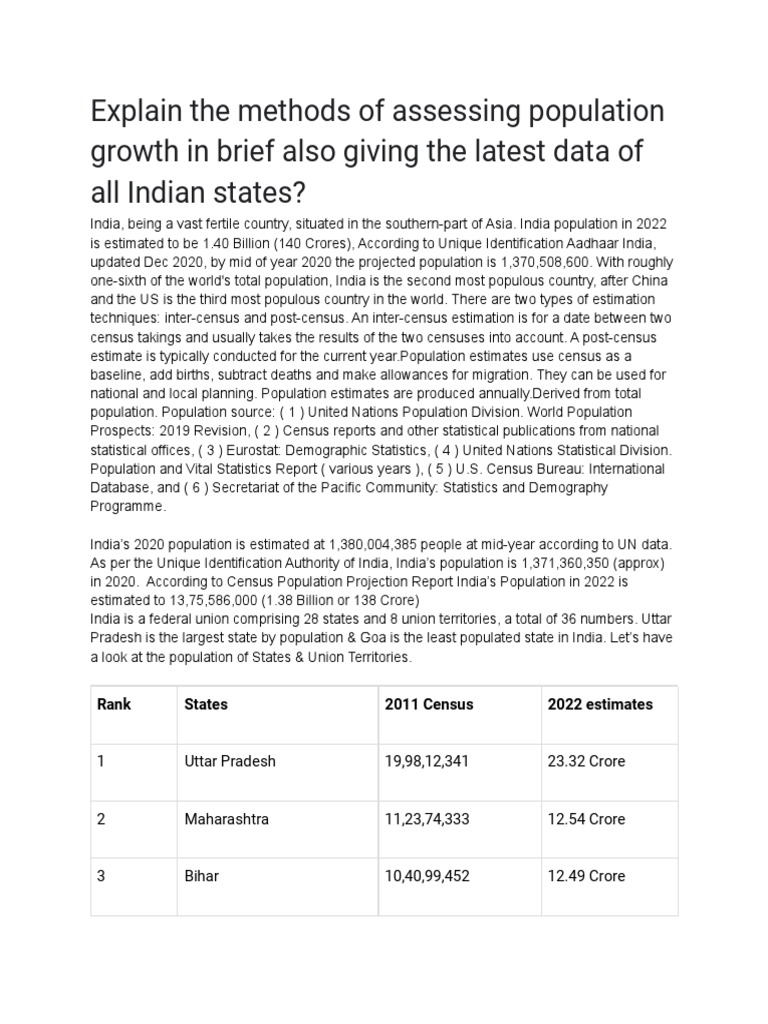 Explain The Methods of Assessing Population Growth in Brief Also Giving ...