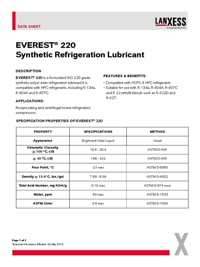 Everest 220 Synthetic Refrigeration Lubricant: Data Sheet | PDF ...
