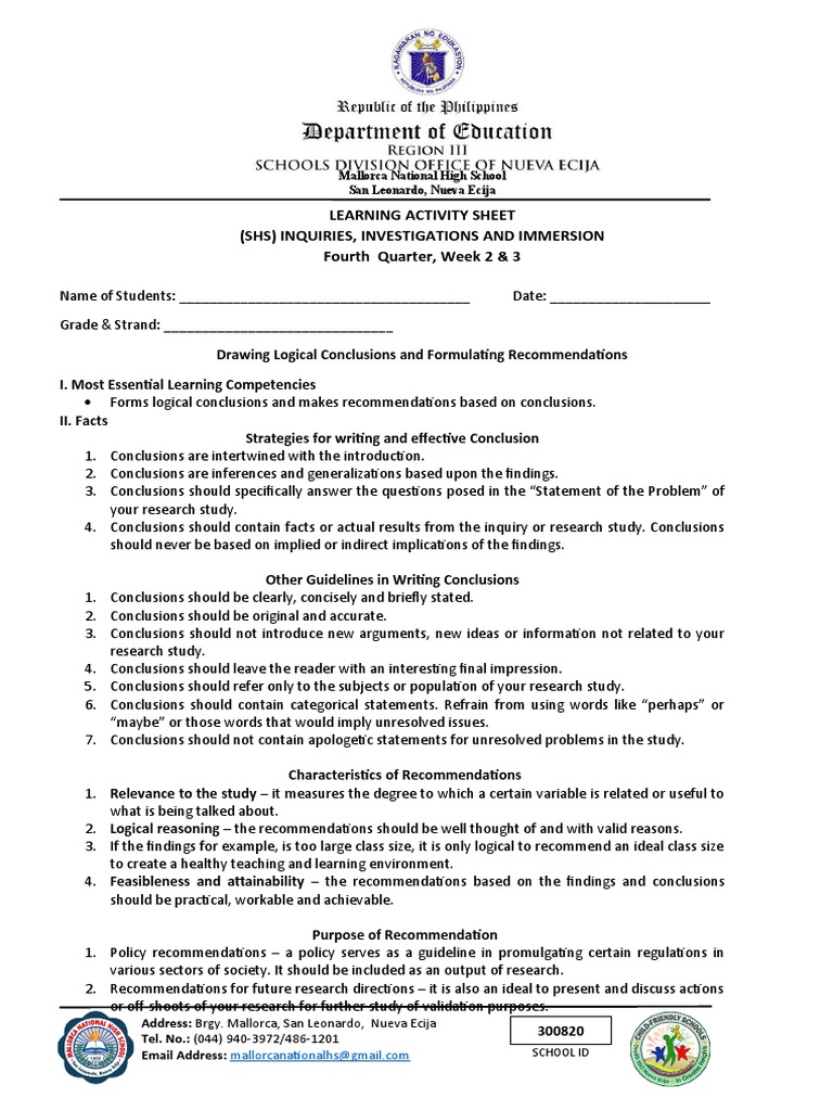 Learning Activity Sheet (SHS) Inquiries, Investigations and Immersion ...