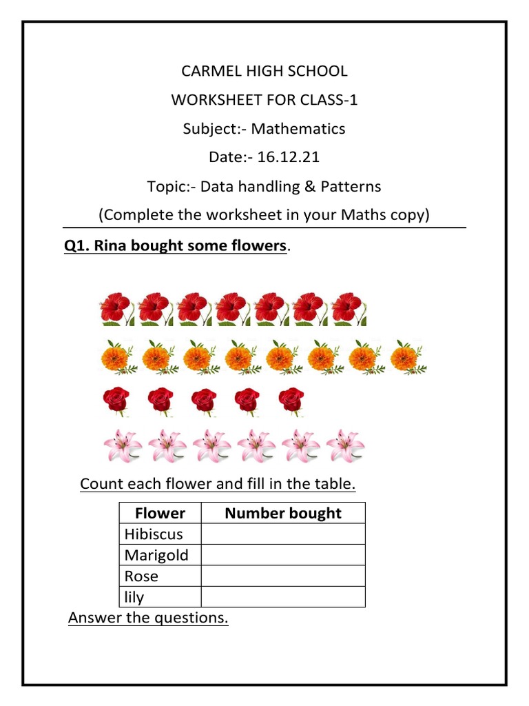 Carmel High School Worksheet For Class-1 Subject:-Mathematics Date ...