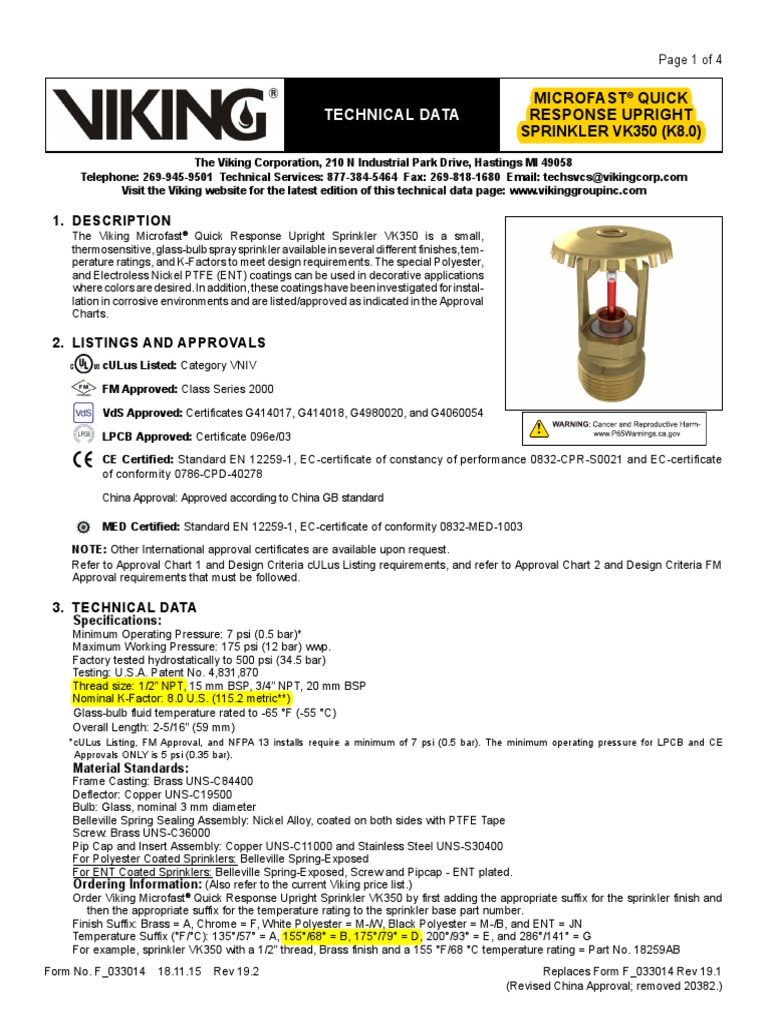 VK 350 Data Sheet | PDF | Fire Sprinkler System | Building Engineering