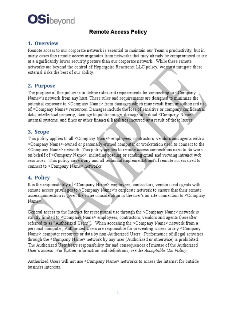IT Security Policy Template Remote Access Policy OSIBeyond | PDF ...