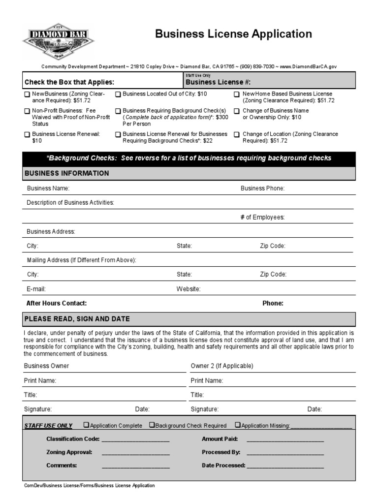 Diamond Bar Business License Form | PDF | Background Check