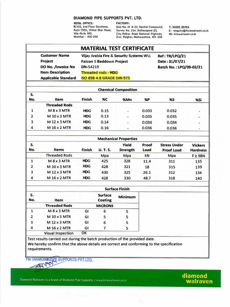 Threaded Rod MTC Diamond | PDF | Materials | Building Engineering