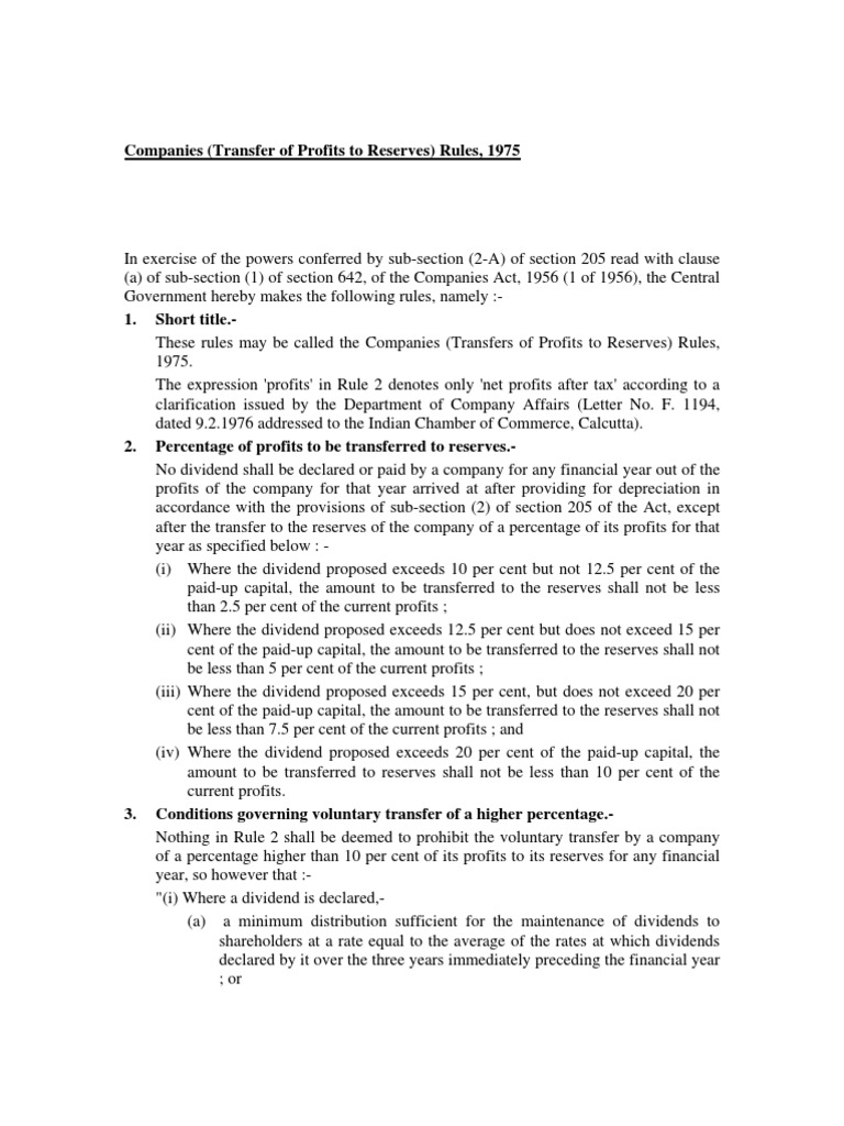 Transfer of Profits to Reserves Rules | PDF | Percentage | Dividend