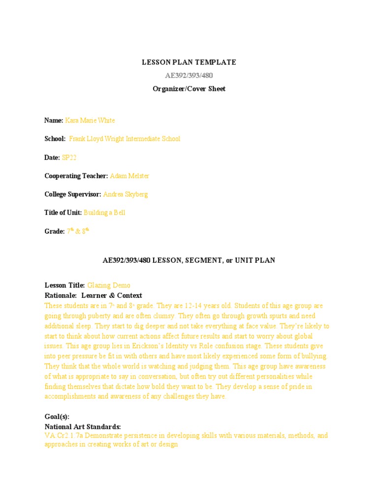 Lesson Plan Template Organizer/Cover Sheet | PDF | Lesson Plan | Learning