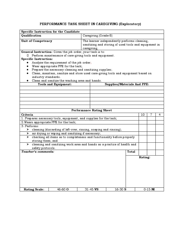 Performance Task Sheet in Caregiving (Exploratory) : Teacher's Comments ...