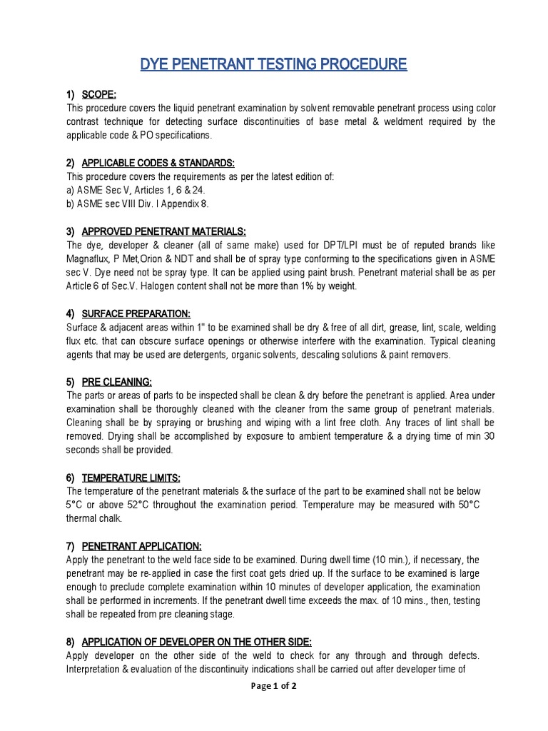 Dye Penetrant Testing Procedure: Applicable Codes & Standards ...