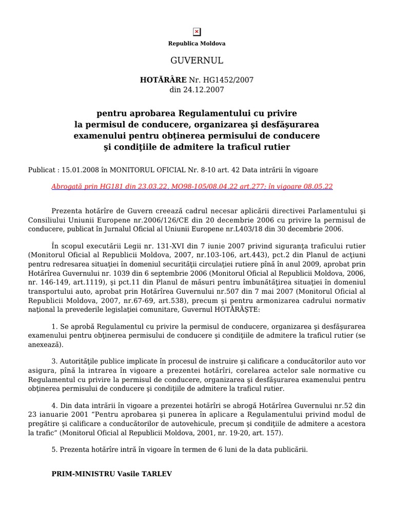 HOTĂRÂRE Nr. 1452 Permis de Conducere | PDF
