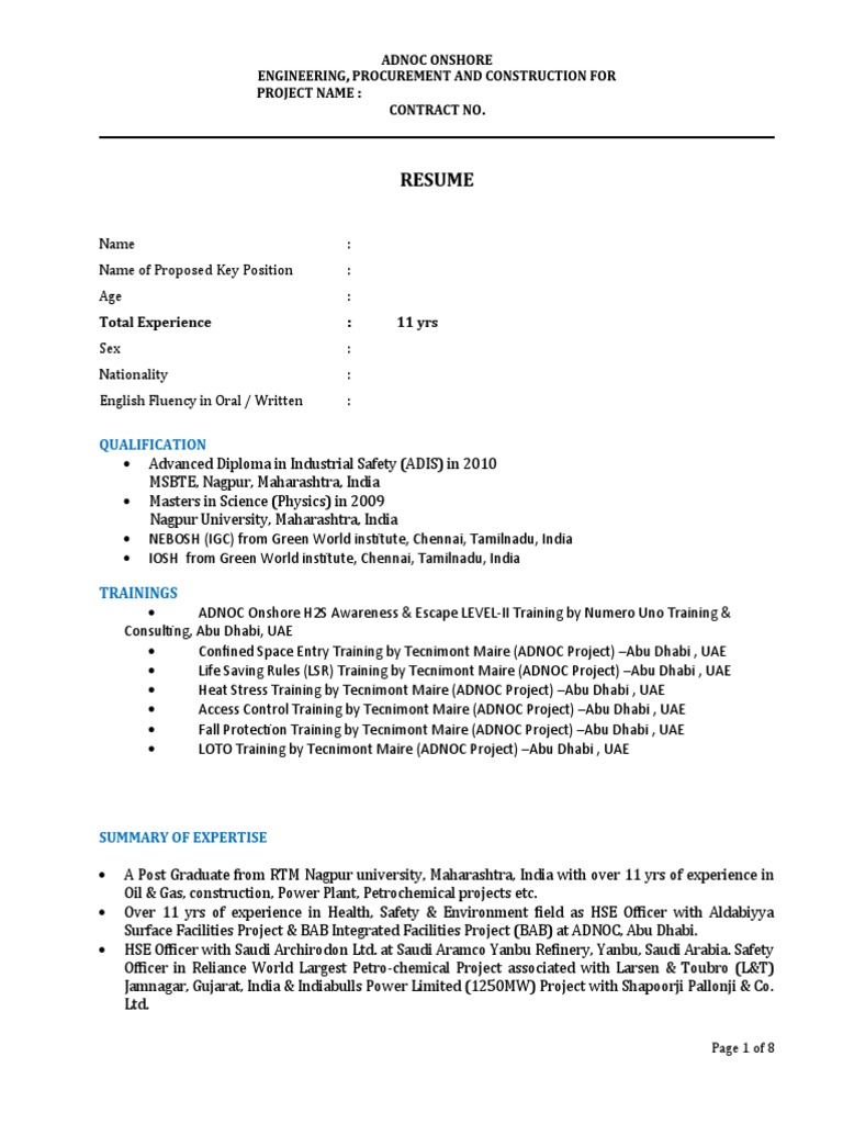 ADCO CV Format | PDF | Occupational Safety And Health | Risk Assessment