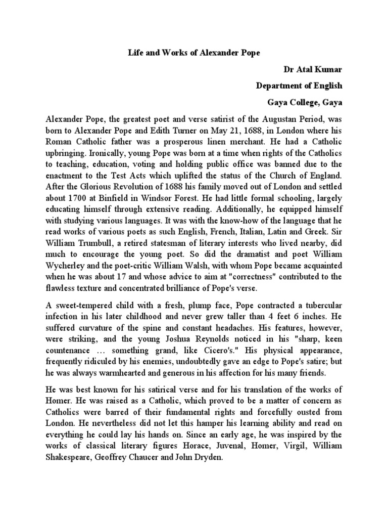 Life and Works of Alexander Pope | PDF | Alexander Pope | Satire