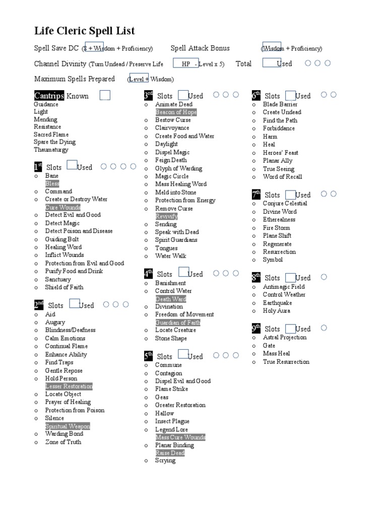 Life Cleric Spell List | PDF | Supernatural
