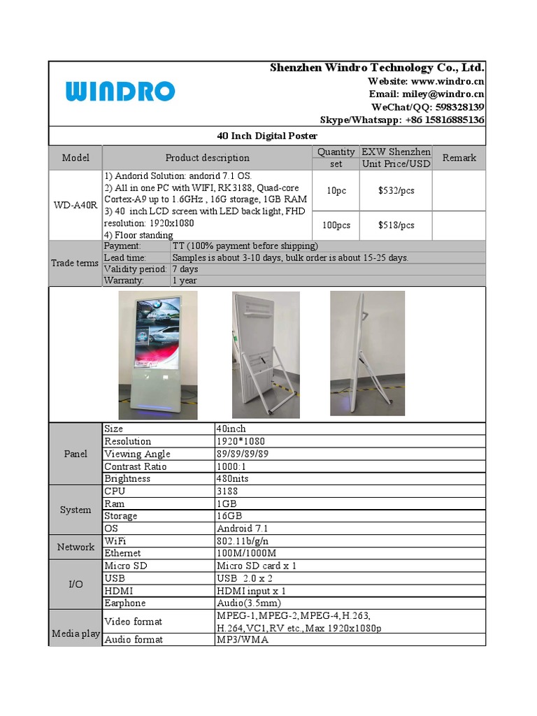 Specification For 40 Inch Stand Digital Poster - Windro. | PDF | Personal Computers | Hdmi