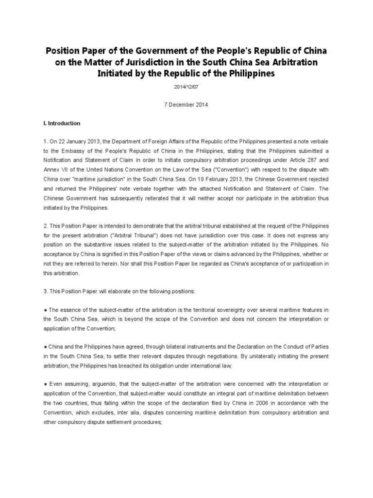 Position Paper of China | PDF | Exclusive Economic Zone | South China Sea