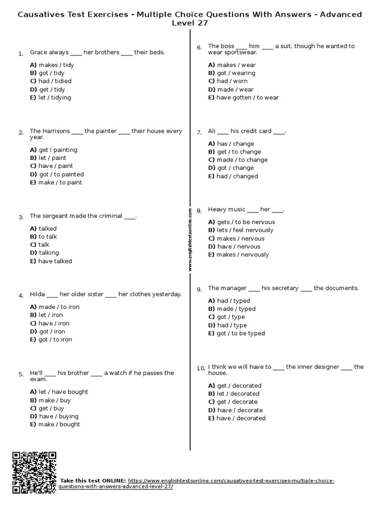 Causatives Test Exercises - Multiple Choice Questions With Answers ...