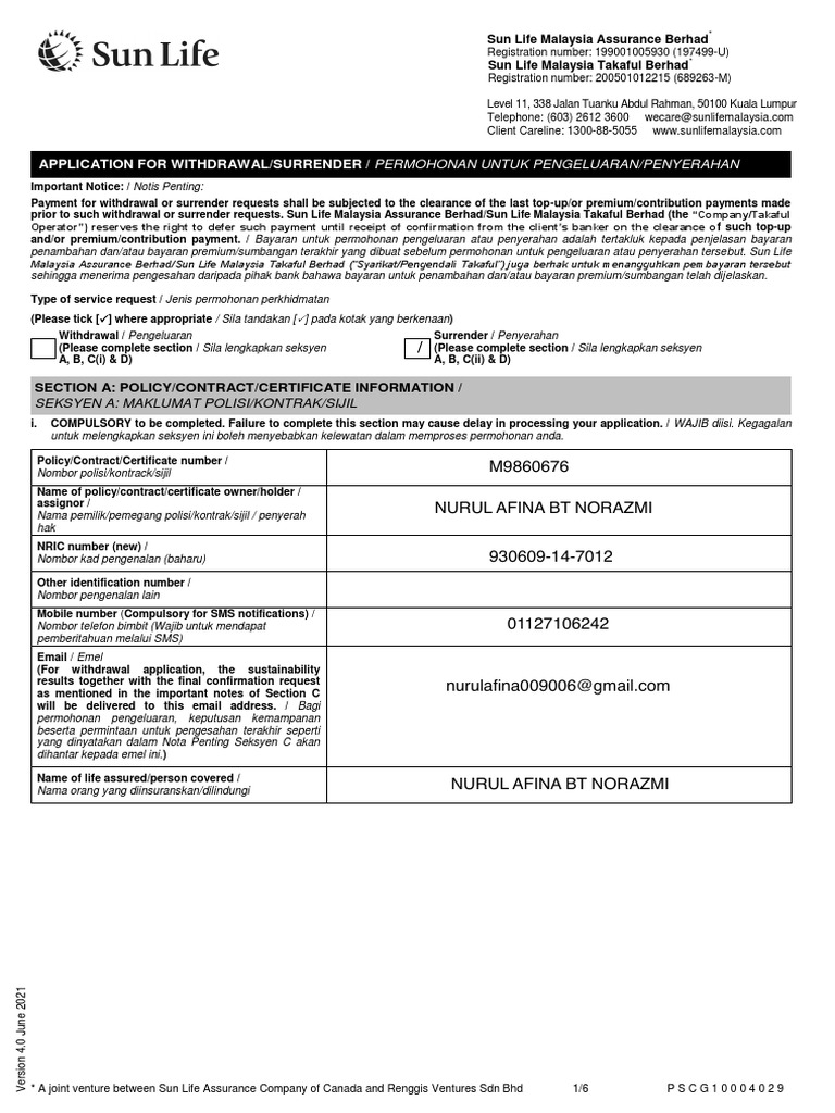 Surrender Withdrawal Form Sign | PDF