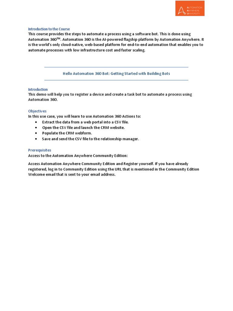 Hello Automation 360 Bot Getting Started With Building Bots - Steplist | PDF | Internet & Web ...