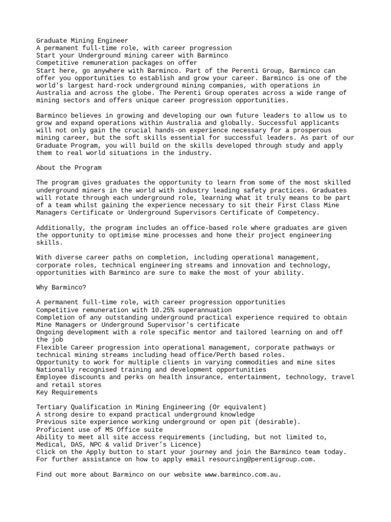 Barminco Graduate Mining Engineer Program | PDF | Mining | Engineering