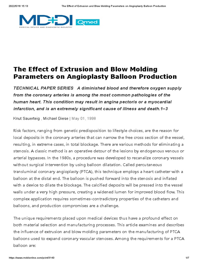 The Effect of Extrusion and Blow Molding Parameters On Angioplasty ...