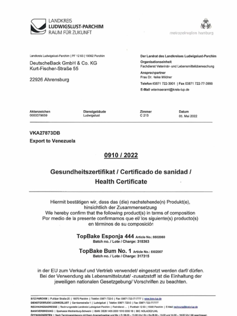 Certificado Sanitario de Origen TOPBAKE ESPONJA 444 - TOPBAKE BUM NRO ...