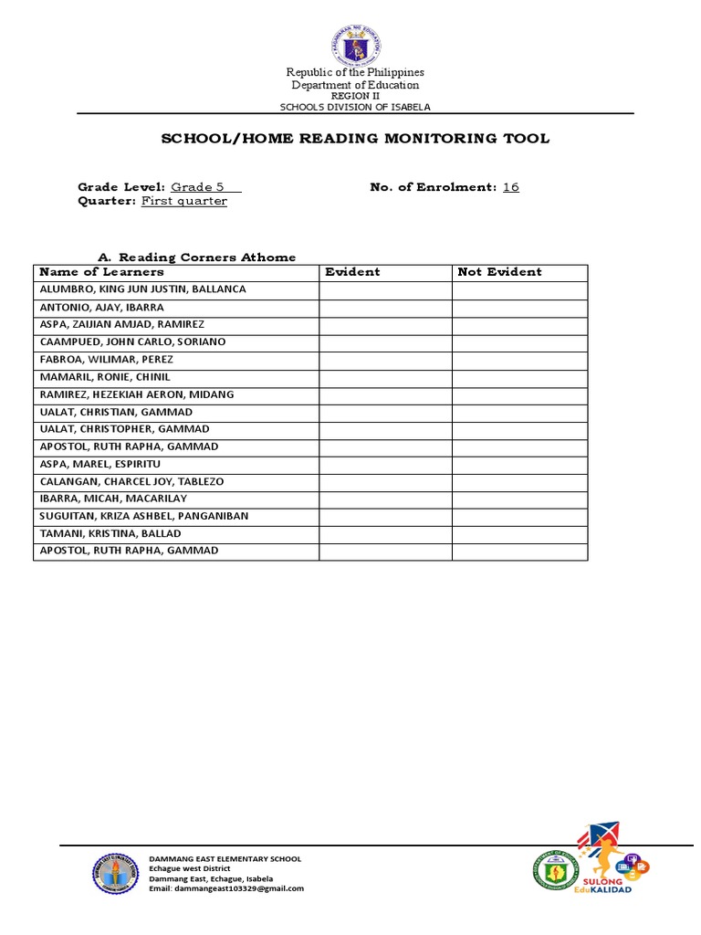 Grade 5 Reading Monitoring Tool | PDF