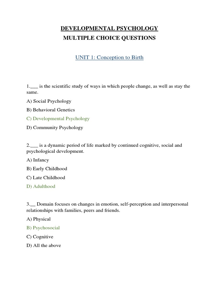 Developmental Psychology MCQs Guide | PDF | Prenatal Development | Fetus