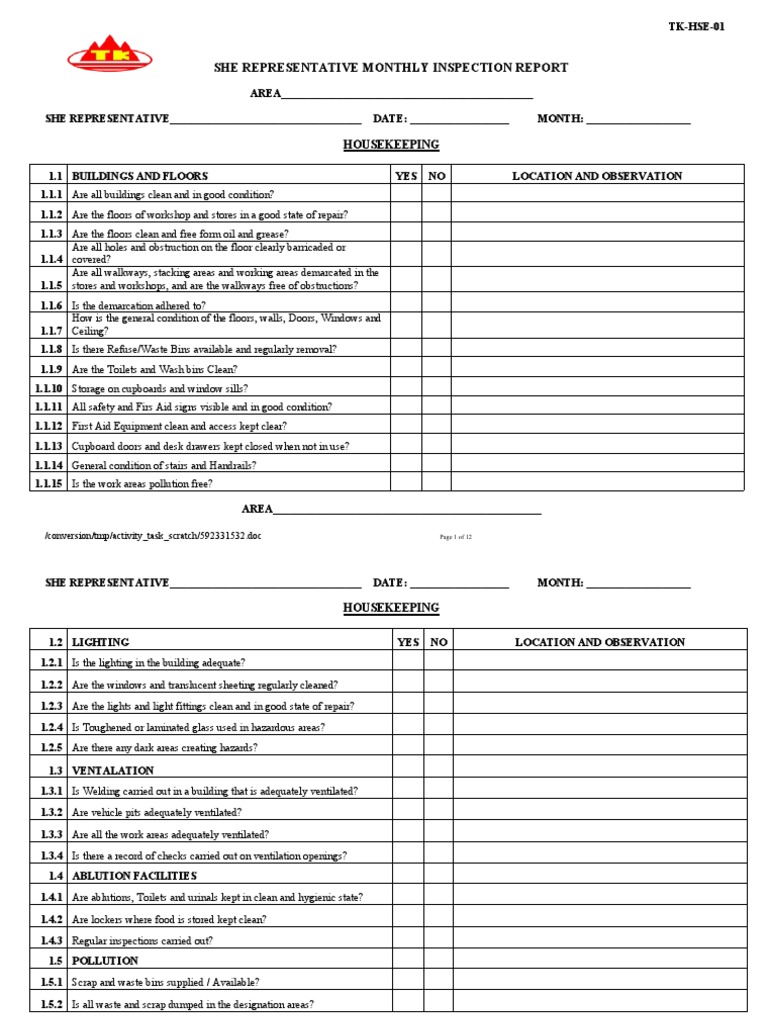She Representative Monthly Inspection Report: Housekeeping | PDF ...