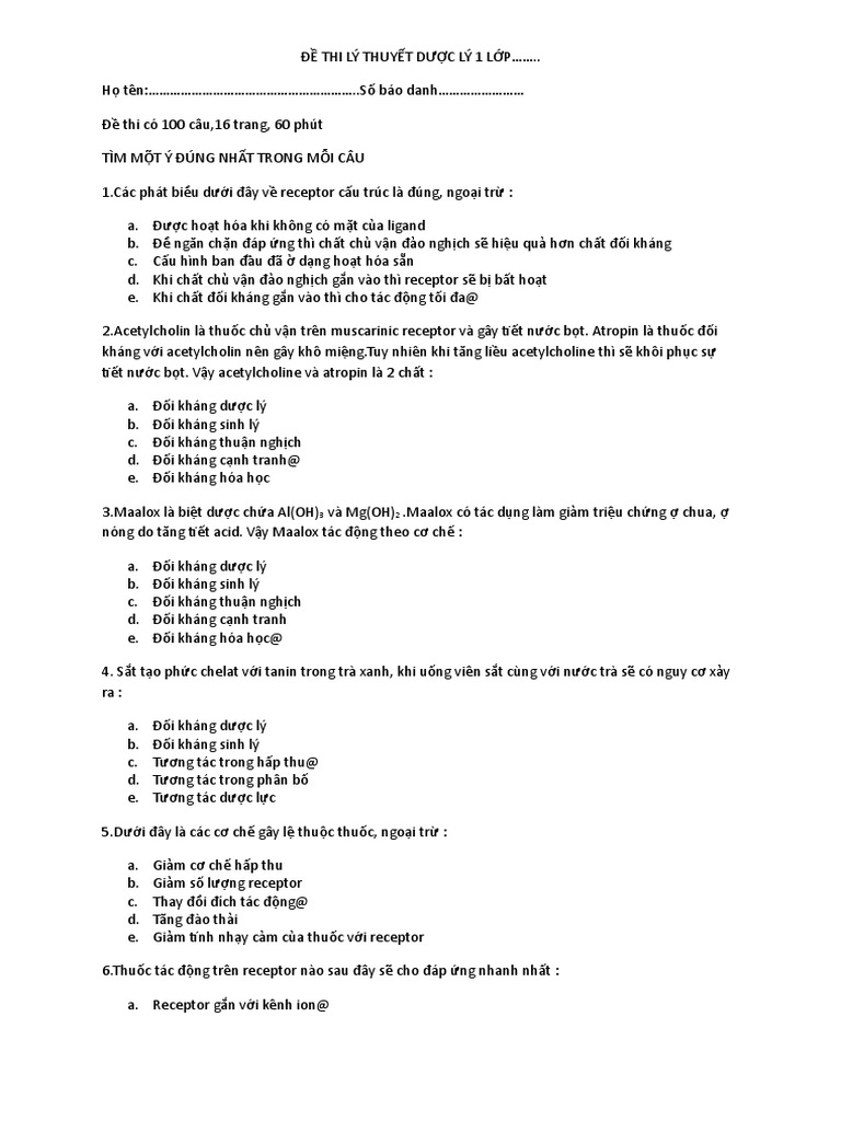 (123doc) de Thi Trac Nghiem Duoc Ly 1 Co Dap An de 1 Dai Hoc y Duoc TPHCM | PDF