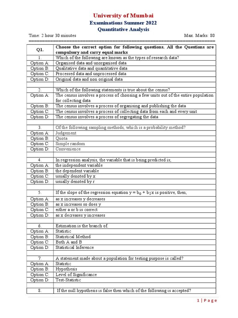 Mumbai University Summer 2022 Quantitative Analysis Exam | PDF ...