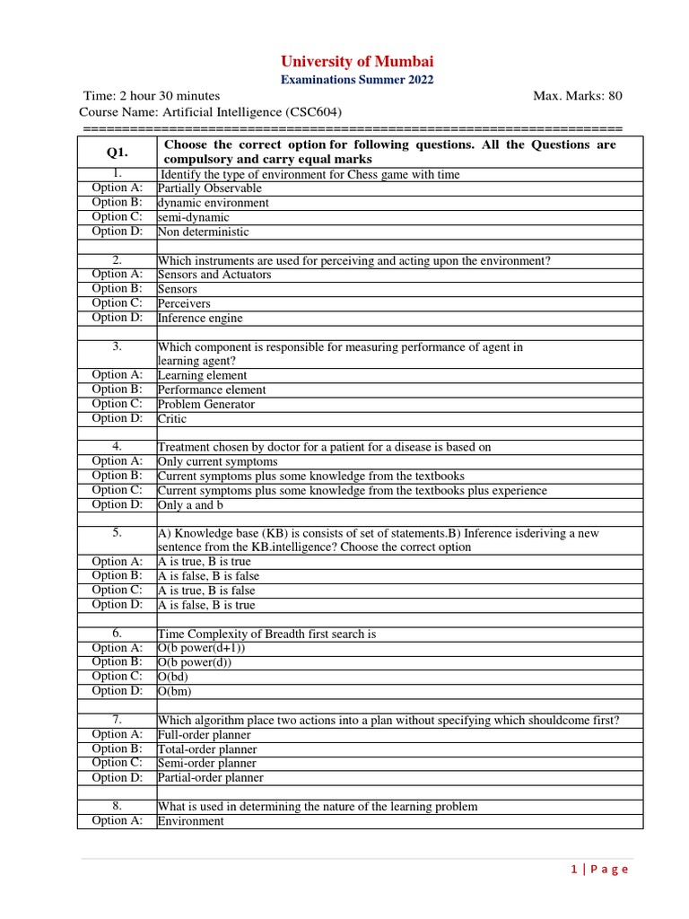 TE Comp Sem VI - AI For May 2022 Examination | PDF | Artificial Intelligence | Intelligence (AI ...