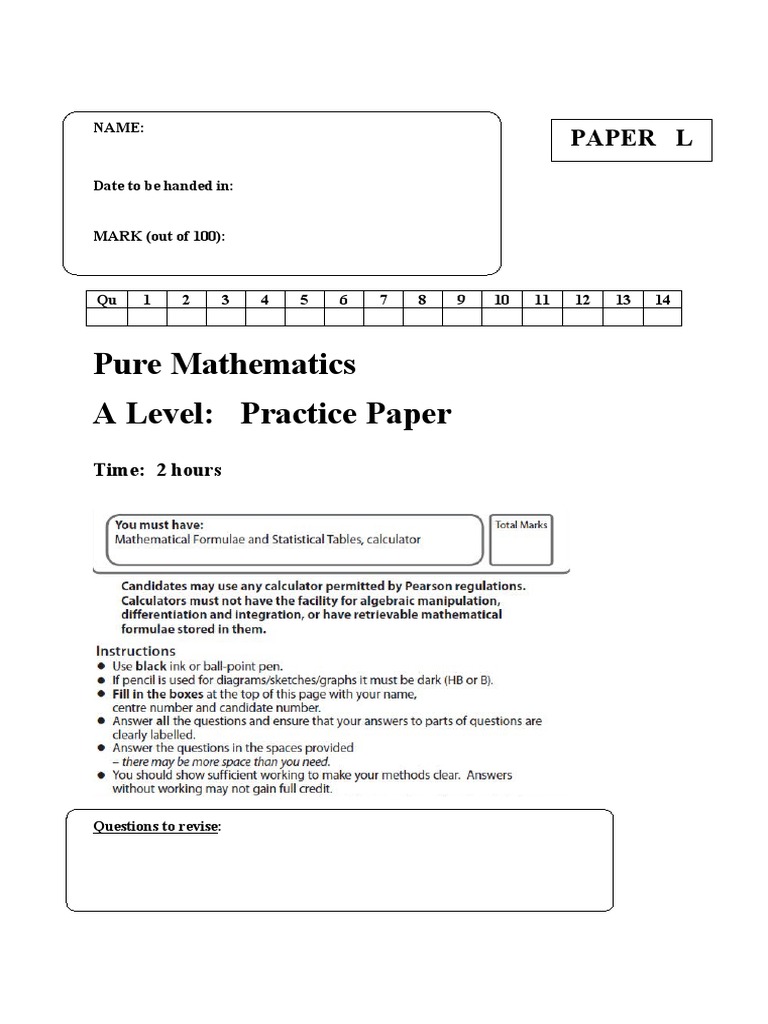 A Level Pure Mathematics Practice Paper | PDF | Significant Figures | Force