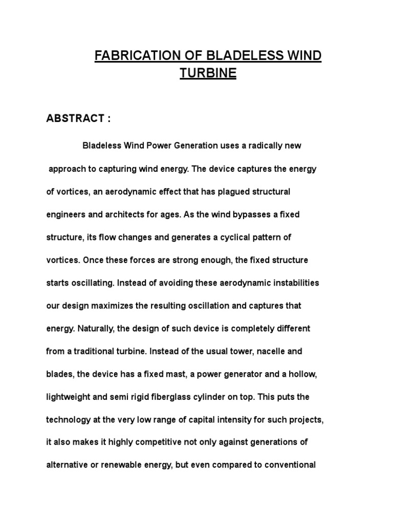 Fabrication of Bladeless Wind Turbine-1 | PDF | Wind Turbine | Wind Power