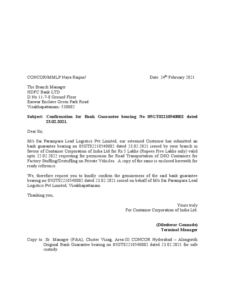 BG Confirmation Letter | PDF