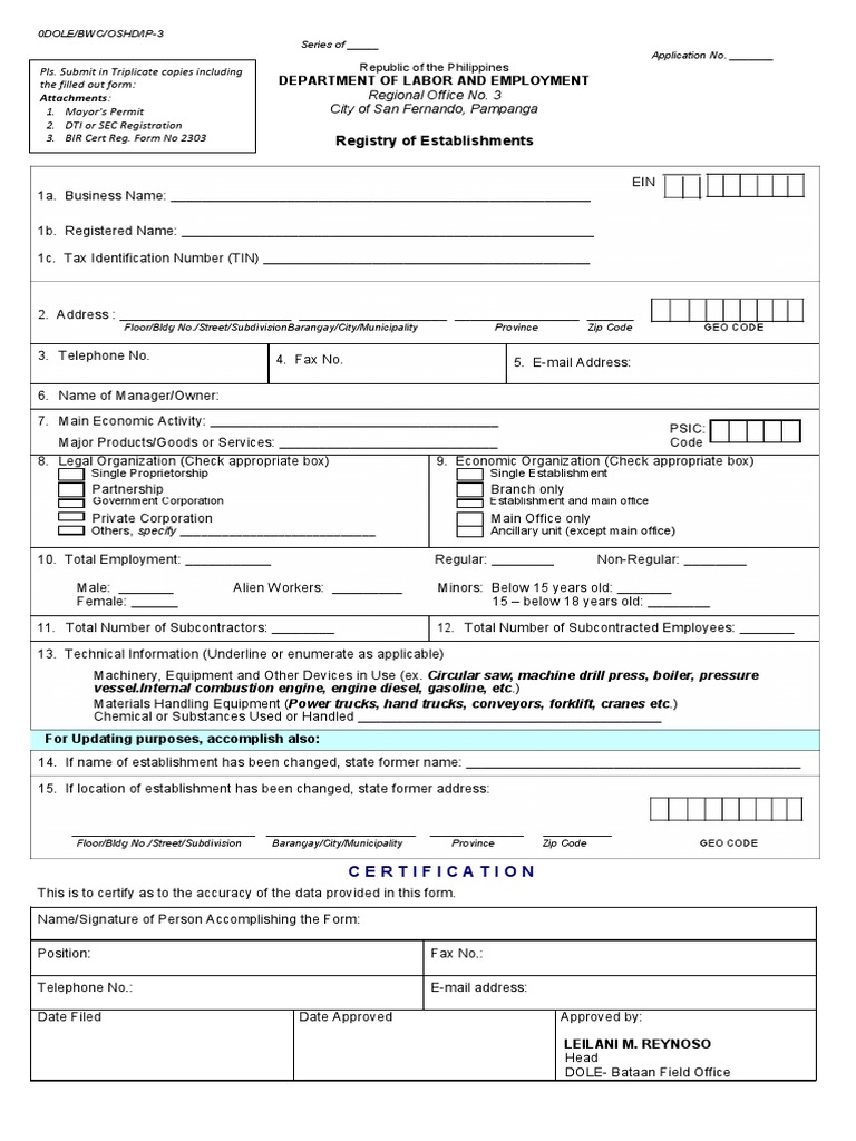 DOLE Registry of Establishment Form 1020 | PDF