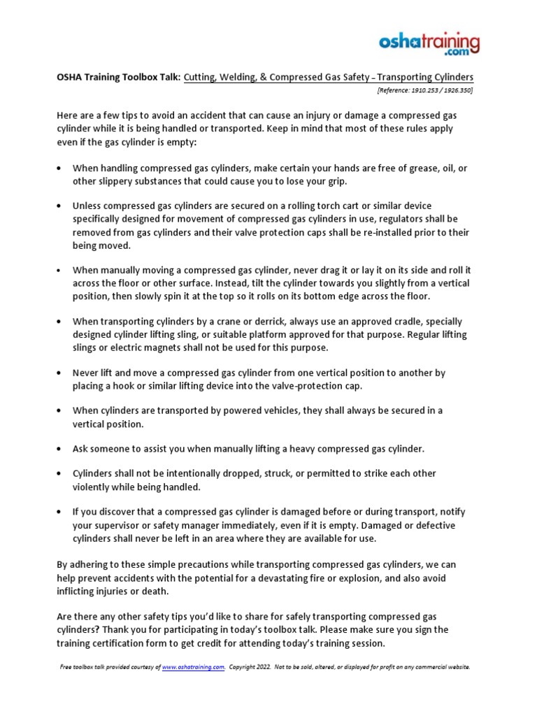 OSHA Training Toolbox Talk: Cutting, Welding, & Compressed Gas Safety ...