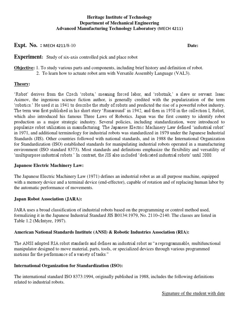 Expt. No.: Experiment | PDF | Robotics | Robot