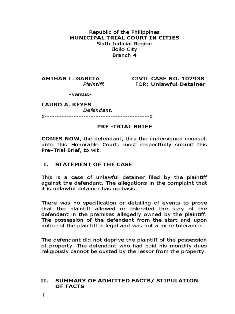 Legal Forms - Defendant Pre-Trial Brief | PDF | Trials | Lawsuit