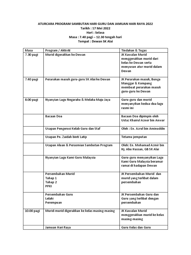 Aturcara Program Sambutan Hari Guru Dan Jamuan Hari Raya 2022 | PDF