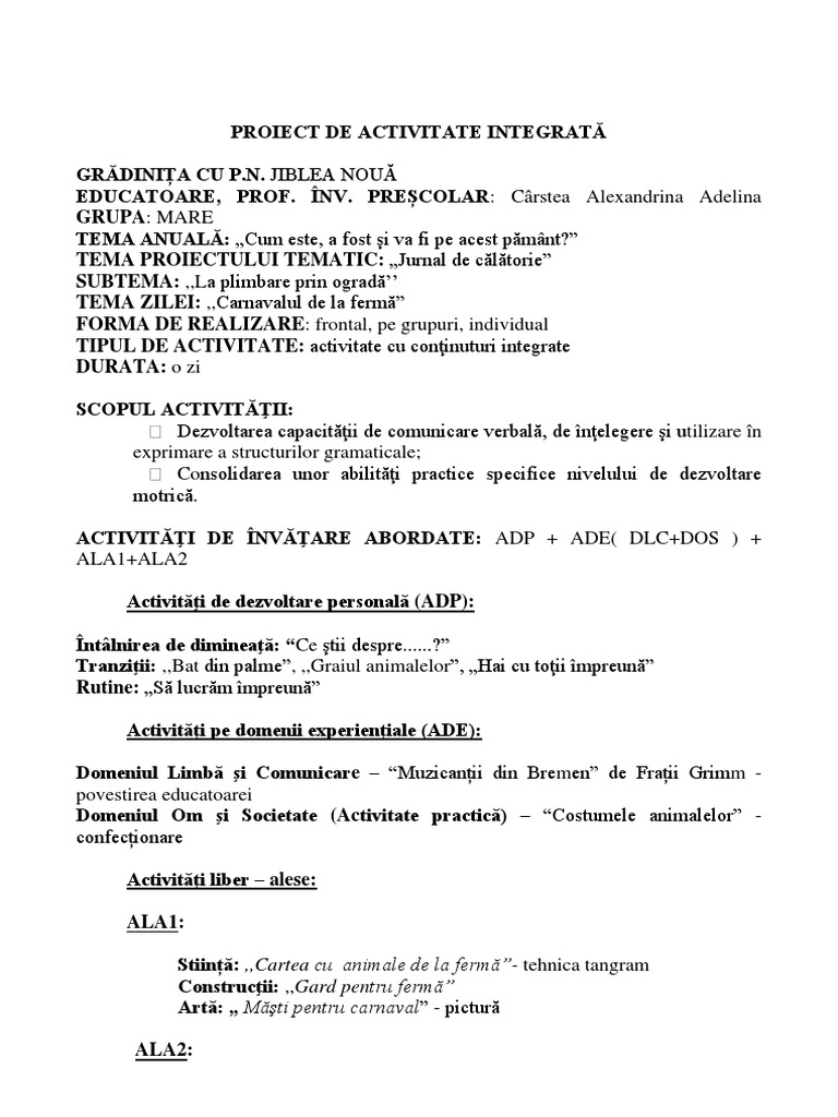 Carnavalul de La Ferma Proiect Integrat | PDF