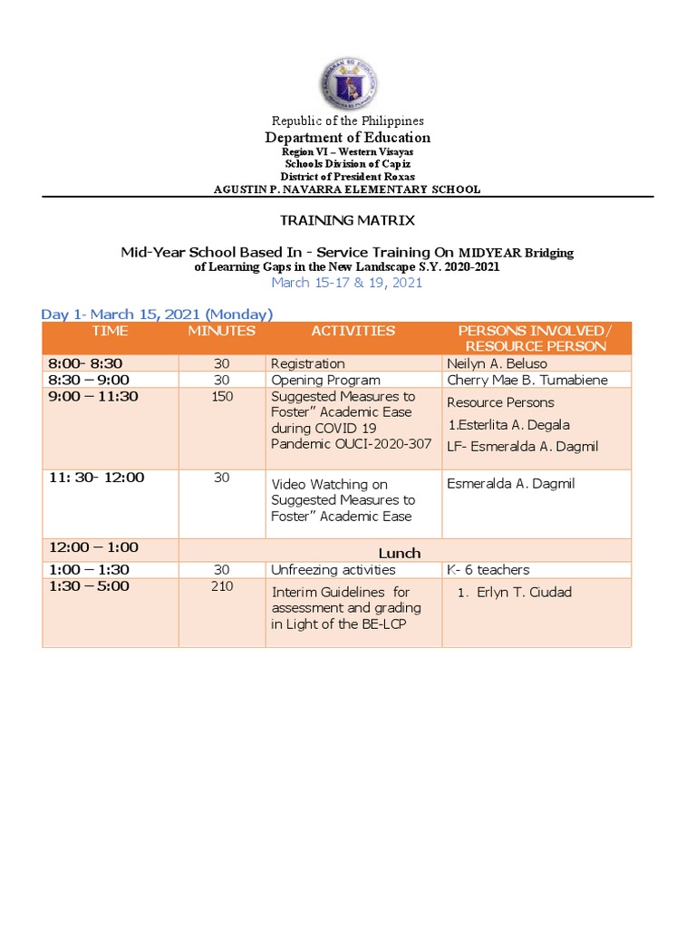 Department of Education: Training Matrix Mid-Year School Based in ...