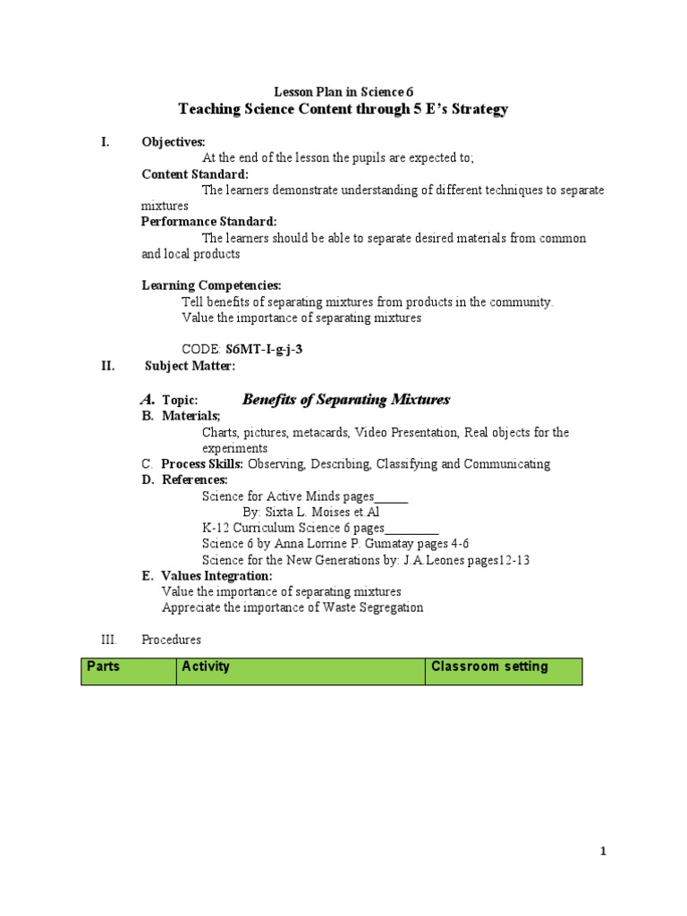 Benefits of Separating Mixtures Lesson | PDF | Lesson Plan | Learning
