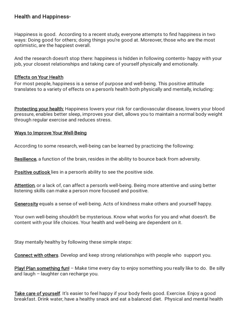 Health and Happiness-: Effects On Your Health | PDF | Family | Happiness
