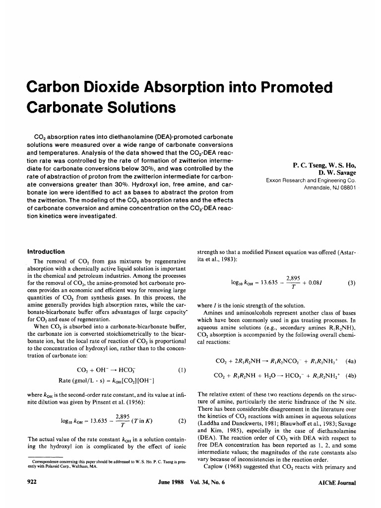 Carbon Dioxide Absorption Into Promoted Carbonate Solutions | Chemical ...