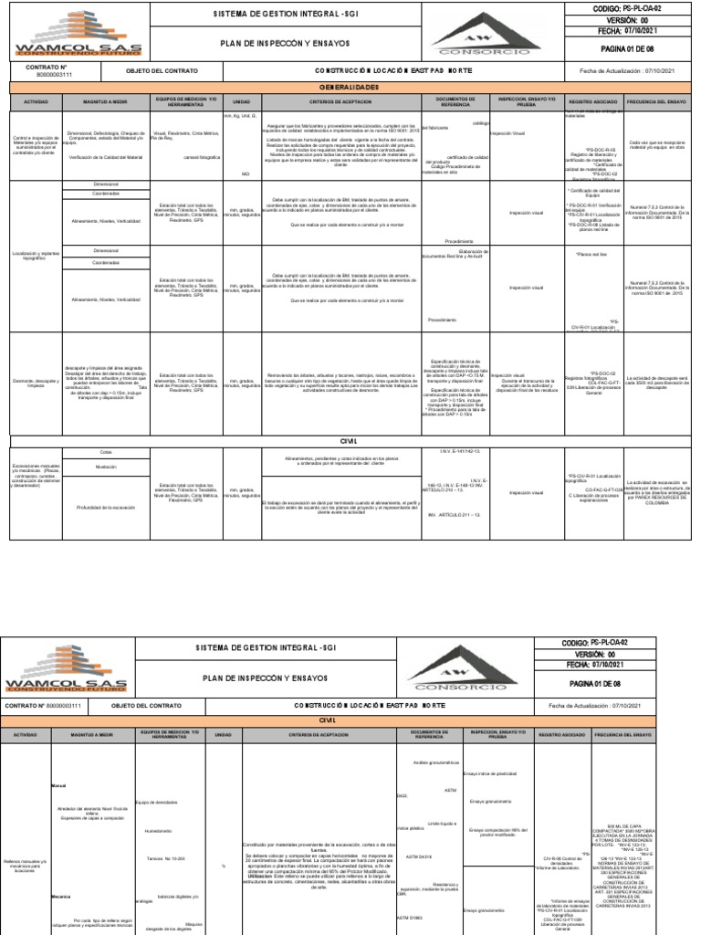 Plan de Inspeccion y Ensayos Civil | PDF | Calidad (comercial)